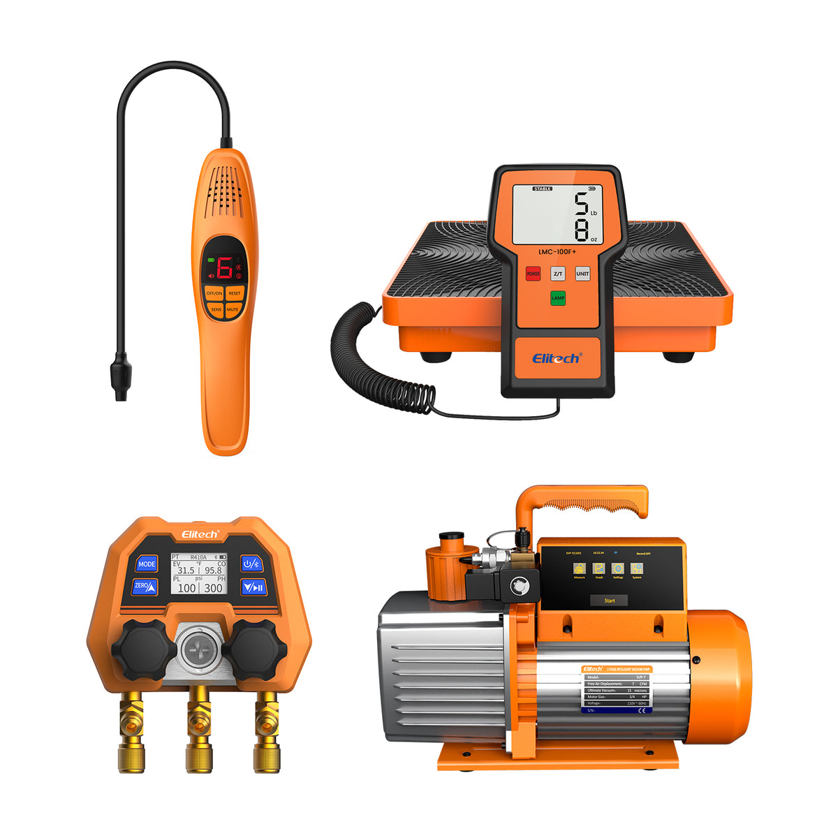 Elitech HVAC Tools Set LD-100+ Leak Detector LMC-100F+ Refrigerant Scale DMG-4B Manifold Gauge ...