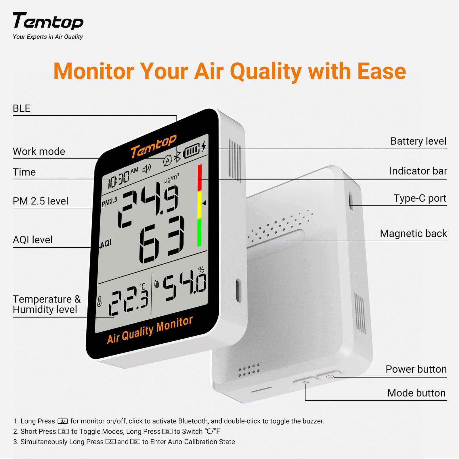 Temtop S1+ Bluetooth IndoorTemperature and Humidity AQI PM2.5 Monitor ...