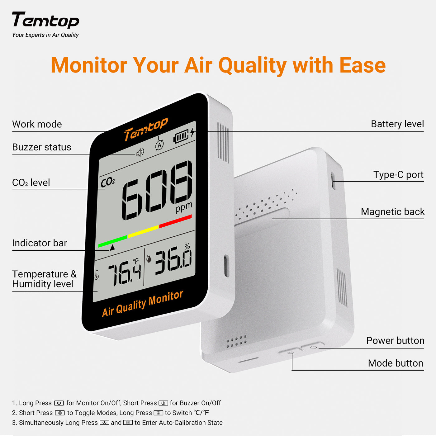 Temtop C1 CO2 Monitor Air Quality Monitor — ElitechEU